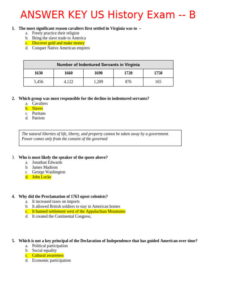 KEY US History Final Exam B | PDF | Slavery In The United States ...