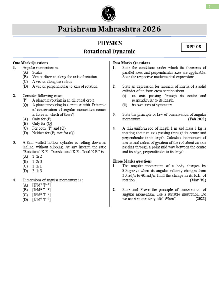 Rotational Dynamics DPP 05 Lecture 10 Parishram Maharashtra HSC | PDF | Rotation Around A Fixed ...