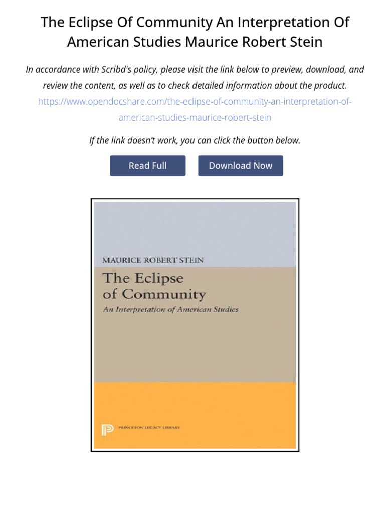 The Eclipse Of Community An Interpretation Of American Studies Maurice ...