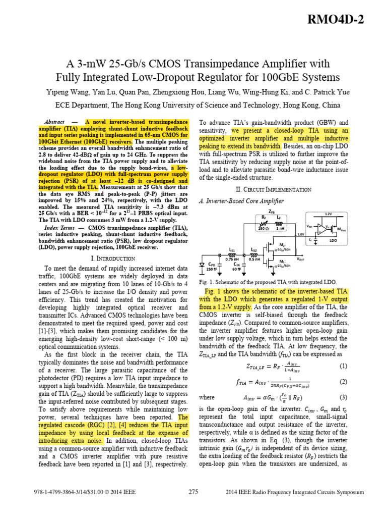 25-Gb/s CMOS TIA with Integrated LDO | PDF | Bandwidth (Signal ...