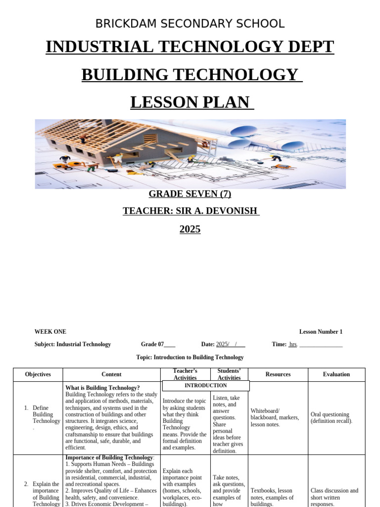 Grade 7 Building Technology Lesson Plan | PDF | Wood | Trees