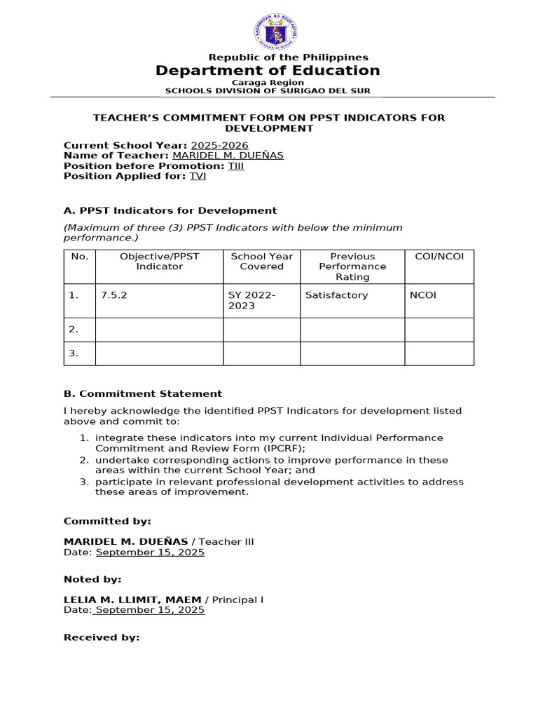 Teacher Commitment Form for PPST 2025-2026 | PDF
