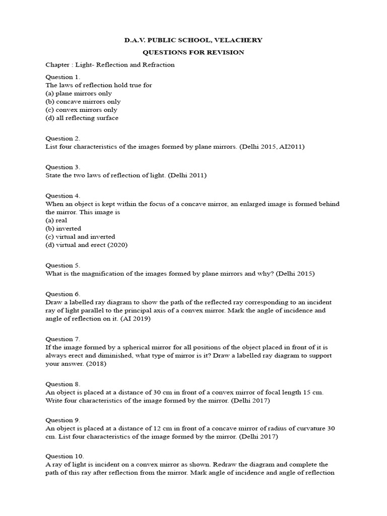 Light - Reflection and Refractions Questions | PDF | Mirror | Atomic