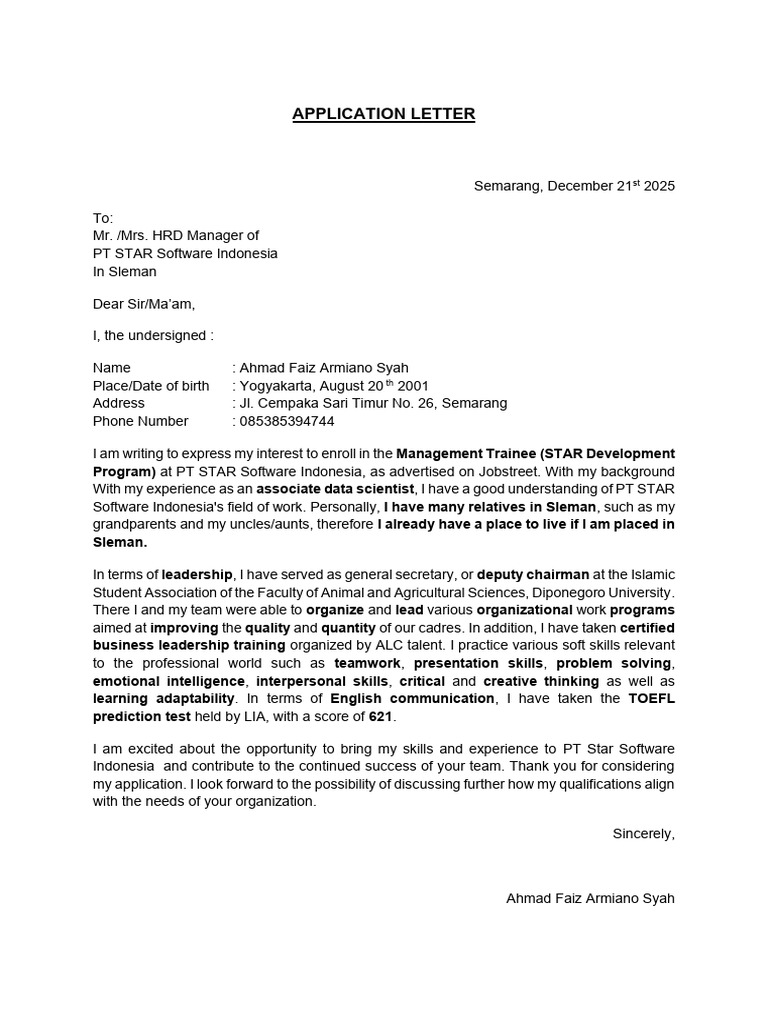 Application Letter - PT STAR Software Indonesia | PDF