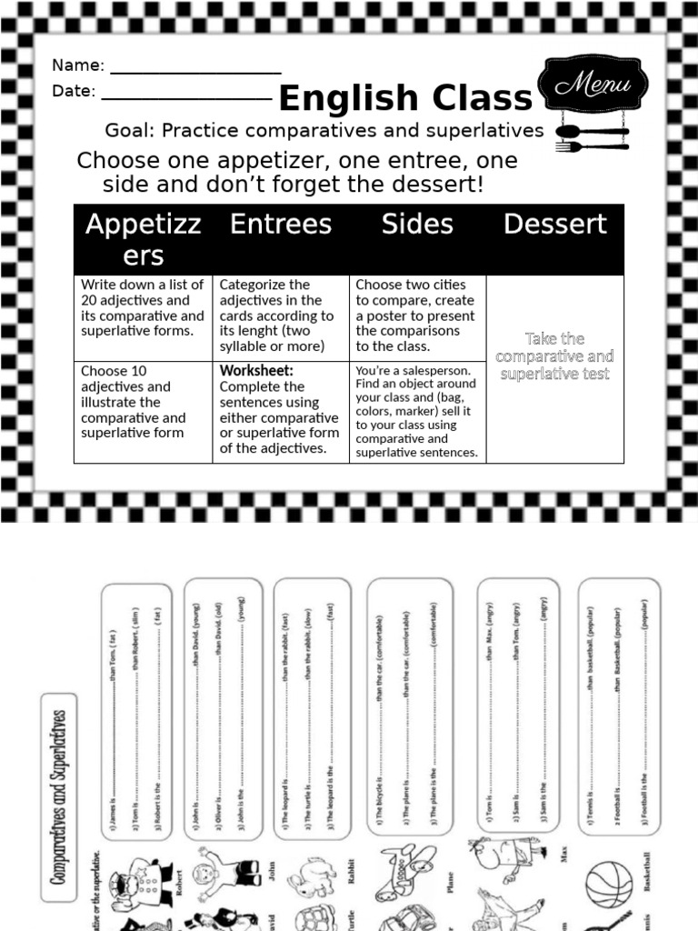 English Class Adjective Activities Menu | PDF