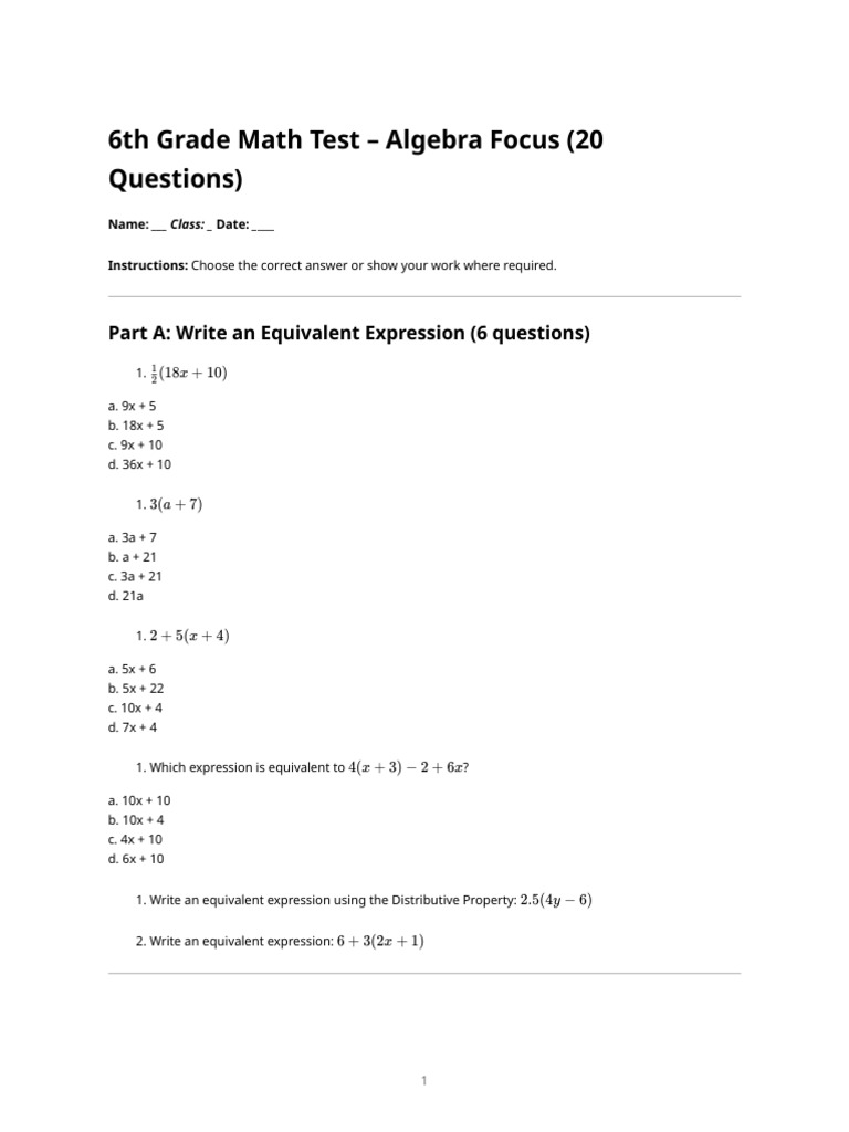 6th Grade Math Test – Algebra Focus (20 Questions) | PDF