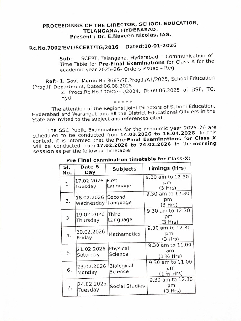 Procs To All DEOs - Pre-Final Time Table - 2025-26 | PDF