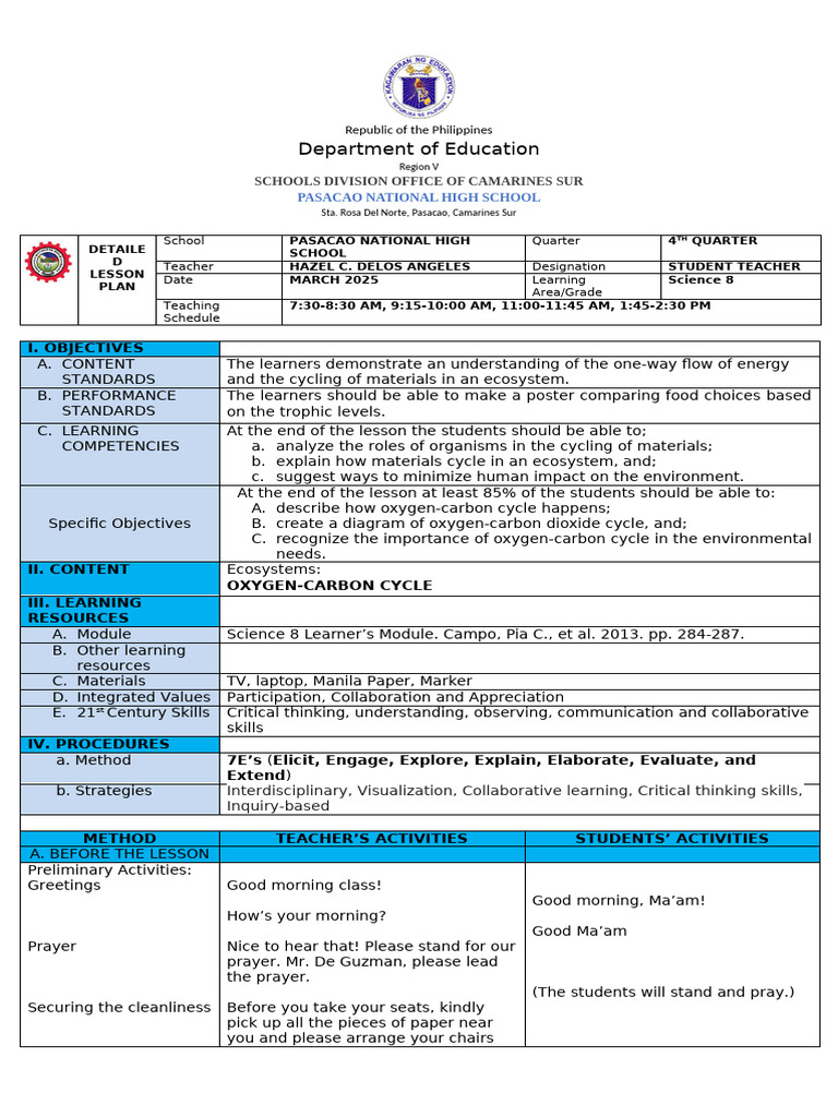 Science 8 Lesson Plan: Oxygen-Carbon Cycle | PDF | Carbon Dioxide ...