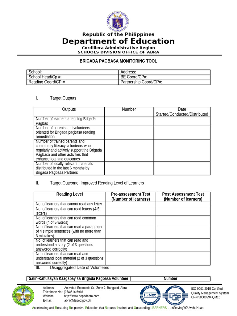 Brigada Pagbasa Monitoring Tool Guide | PDF | Cognition | Learning