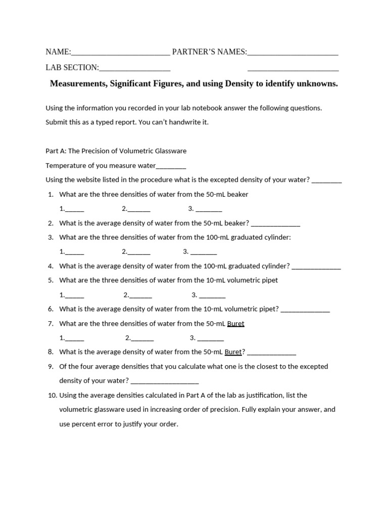 Lab 1, Post Lab Questions, Measurements and Density (2) | PDF | Density ...