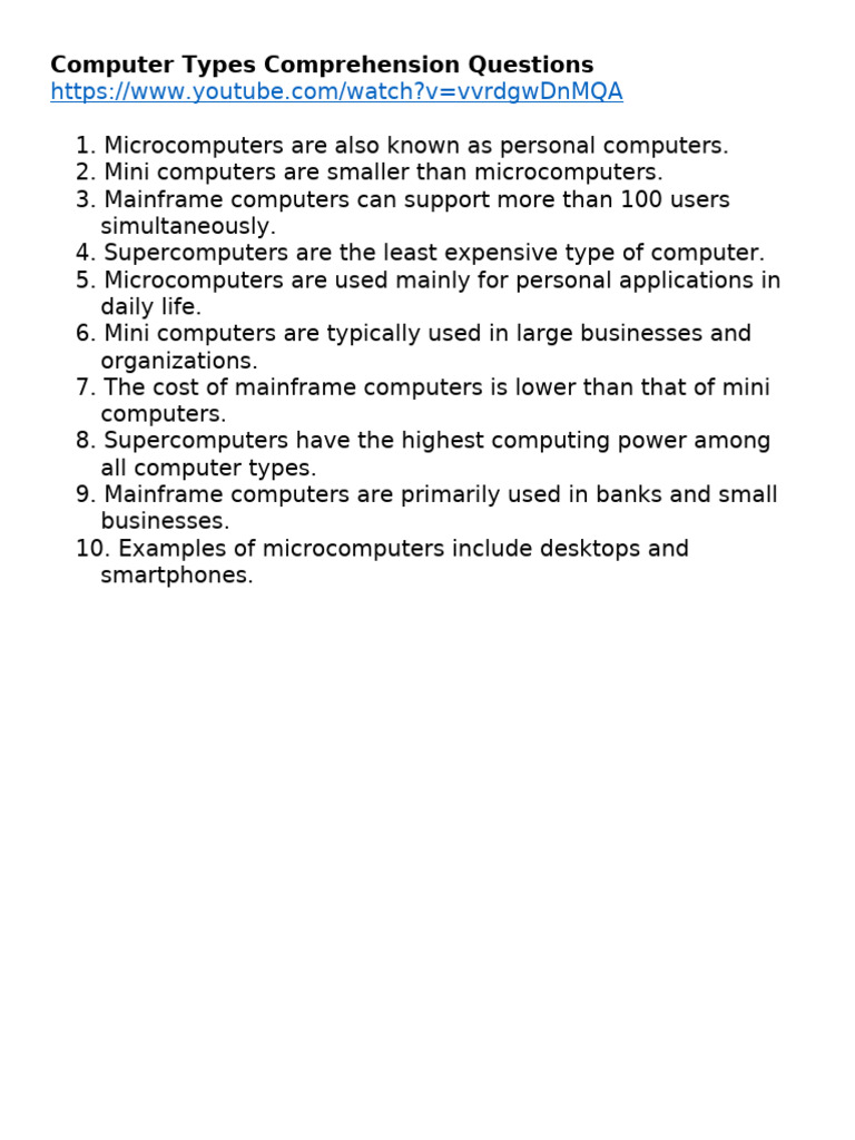 Lesson 3 Types of Computer Quiz | PDF