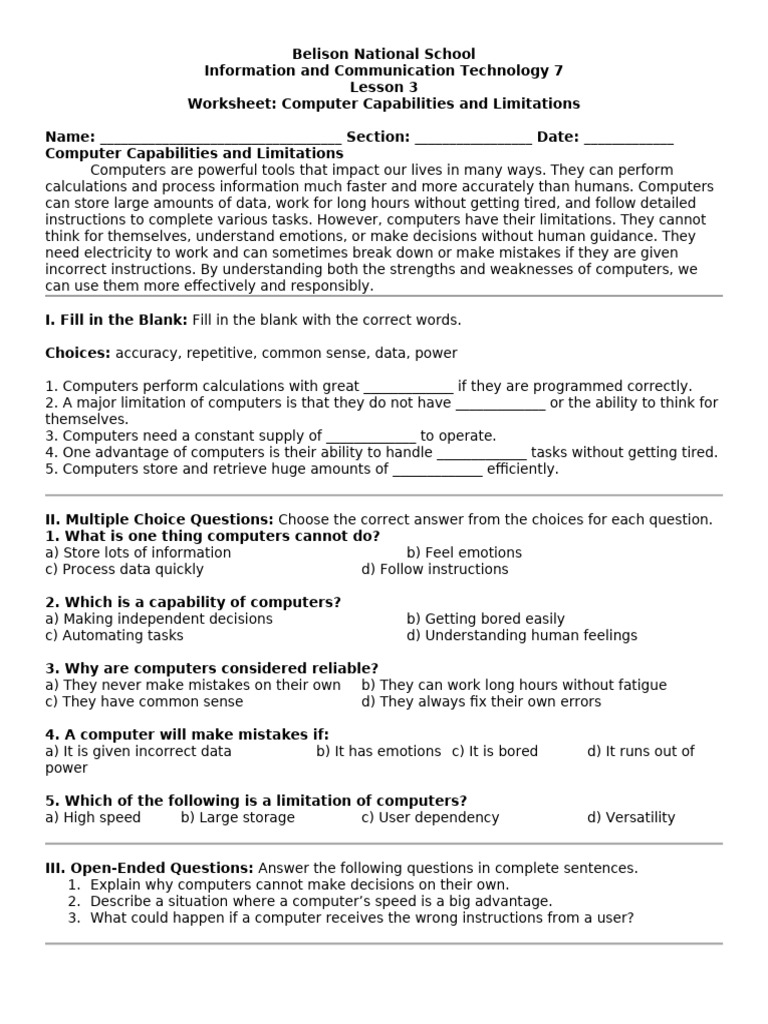 Worksheet L3 Capabilities and Limitations | PDF | Multiple Choice ...