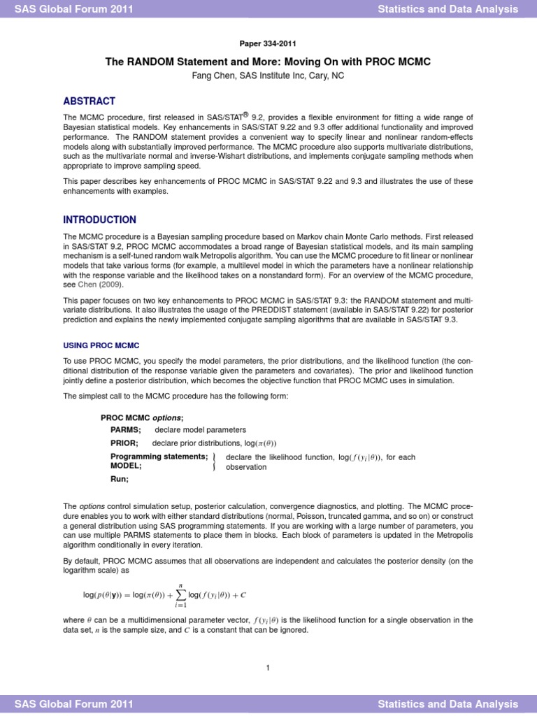 The RANDOM Statement and More Moving On With PROC MCMC | PDF | Normal ...