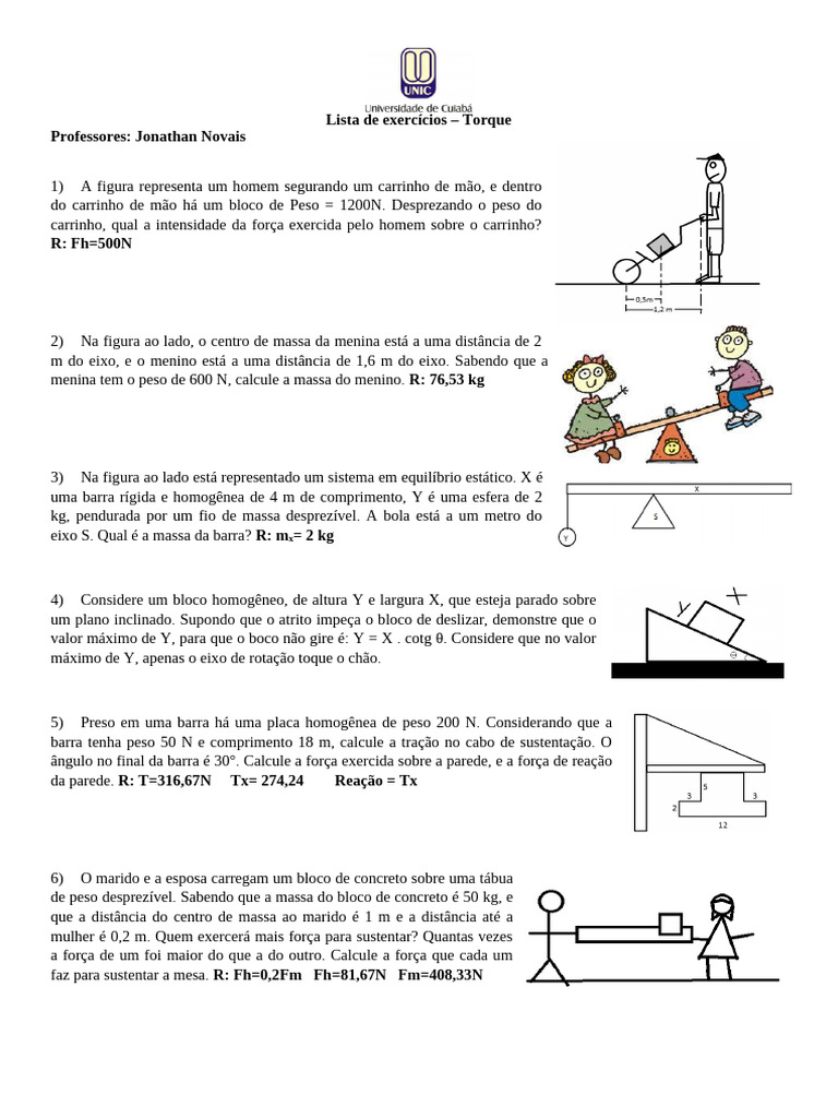 Lista 6 - Torque - exercícios de física | PDF | Torque | Massa
