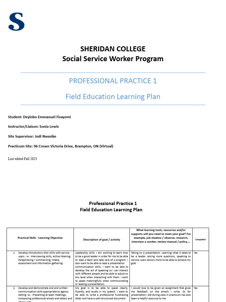 Field Education Learning Plan Fall2024 | PDF | Psychology | Goal