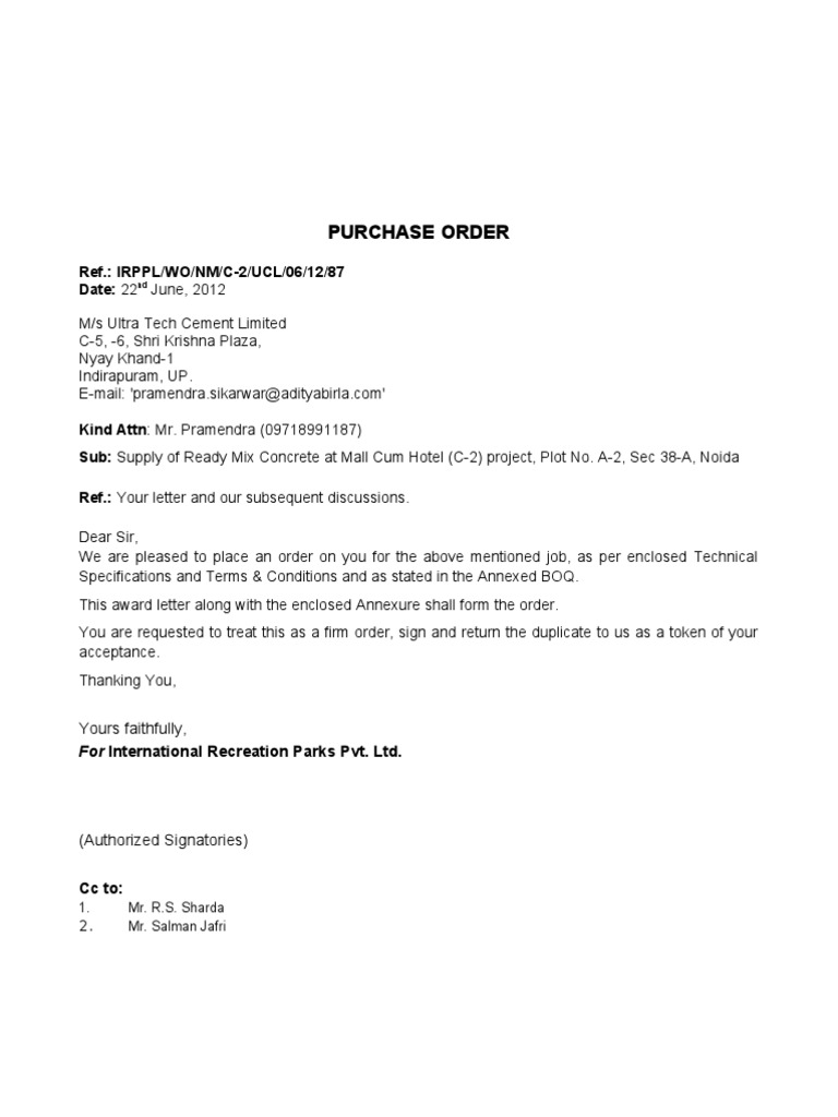 PO For RMC Supply at IRPPL Noida | PDF | Invoice | Concrete