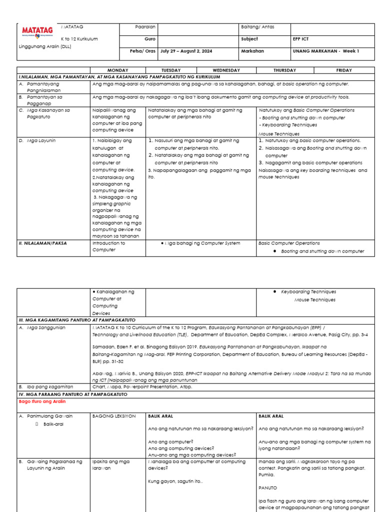 Matatag DLL Week 1 Epp G4 | PDF