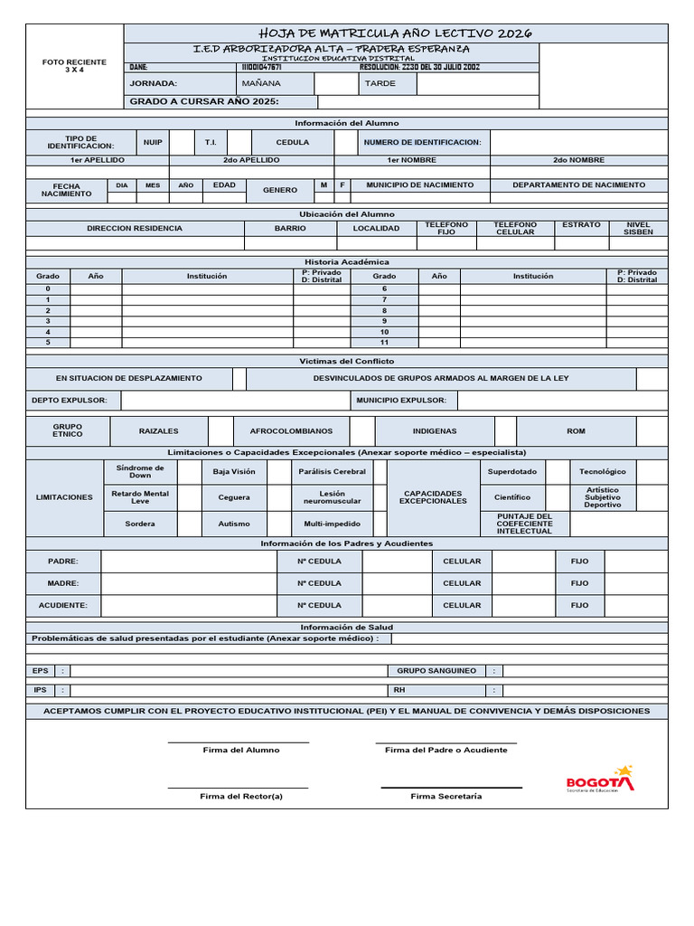 Formato Hoja de Matricula 2026 | PDF | Trastornos del neurodesarrollo | Discapacidades del ...