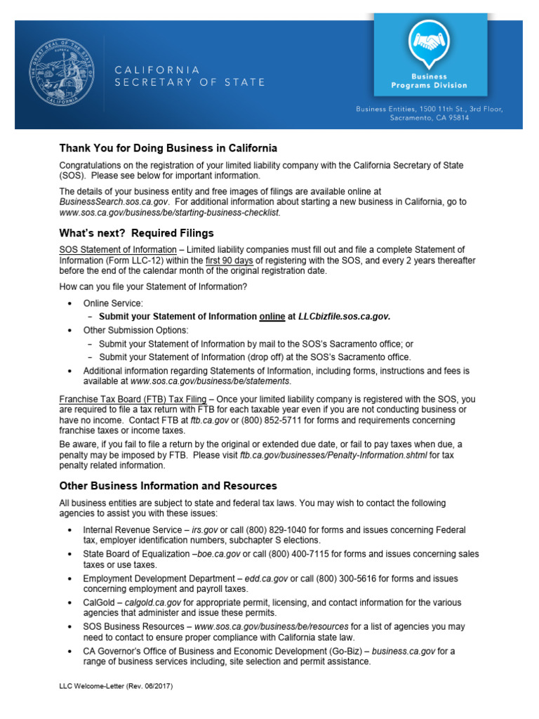 SOS Welcome Letter (1) | PDF | Taxes | Limited Liability Company