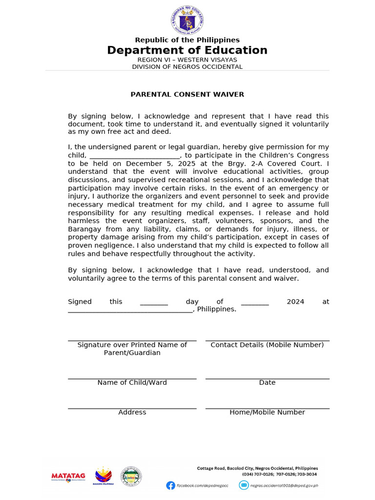 Parental Consent Waiver for Children's Congress | PDF