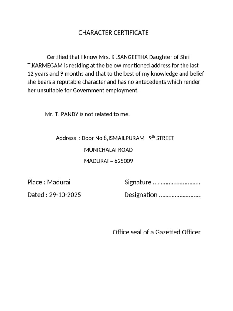 Character Certificate | PDF