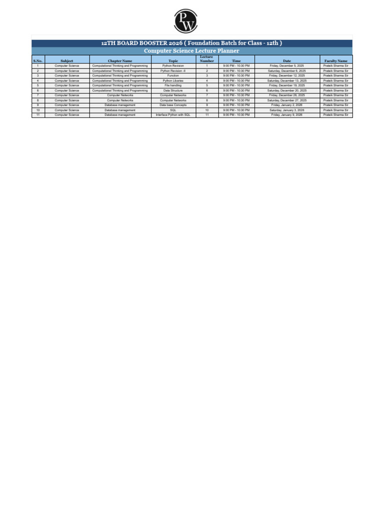 Lecture Planner Computer Science_12TH BOARD BOOSTER 2026 (Class 12th) | PDF