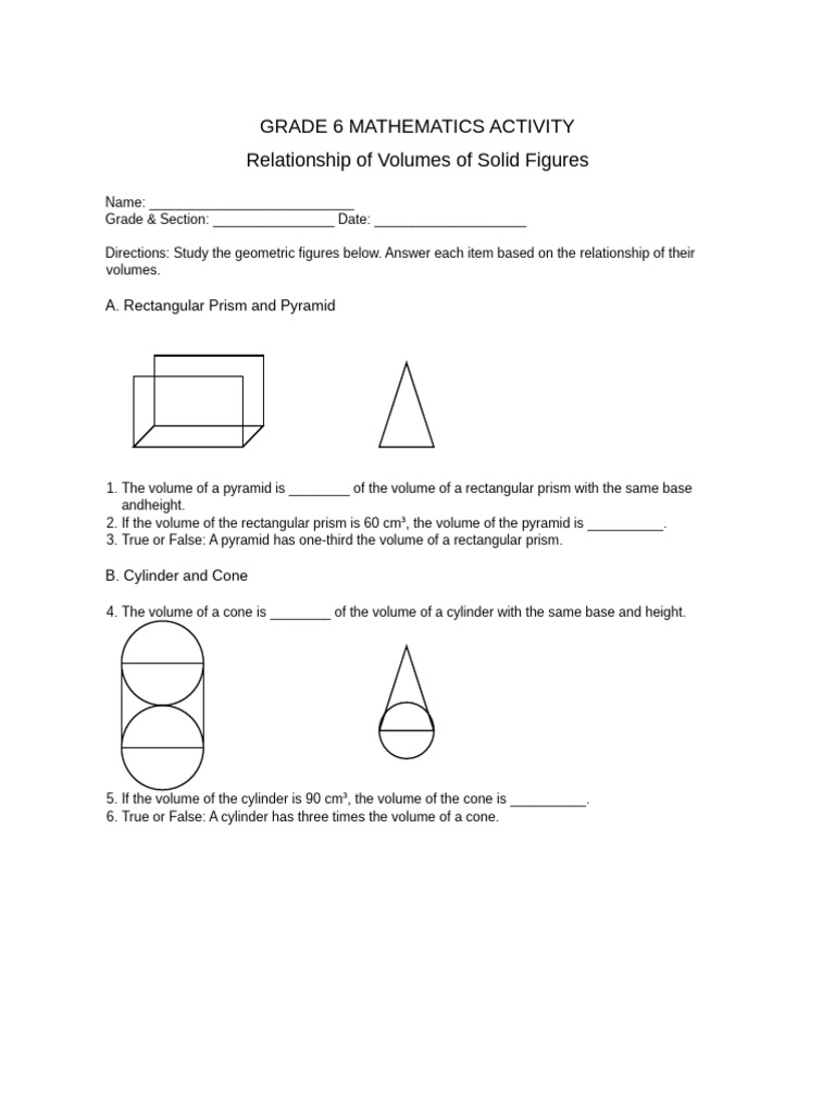 Grade 6 Volume Relationships With Diagrams | PDF