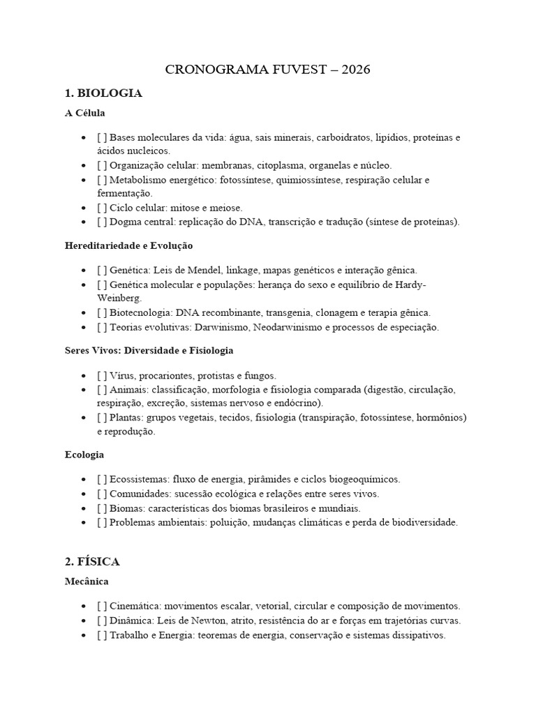 CRONOGRAMA FUVEST - 2026 | PDF | Célula (Biologia) | Brasil