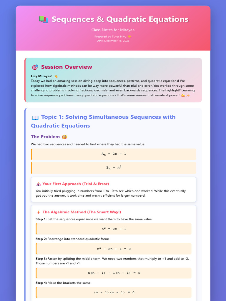 Sequences and Quadratic Equations Guide | PDF | Arithmetic | Numbers