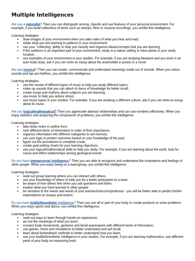 Multiple Intelligences Characteristics | PDF | Intelligence | Mental Image