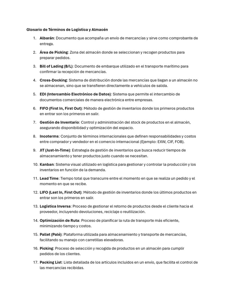 Glosario de Términos Logísticos y de Almacén | PDF | Logística | Almacén