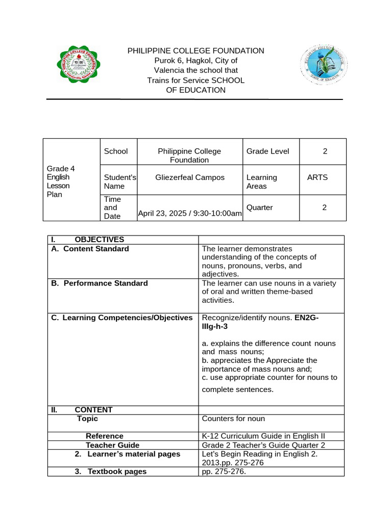 English Lesson Plan 4a Nouns | PDF | Noun | English Language