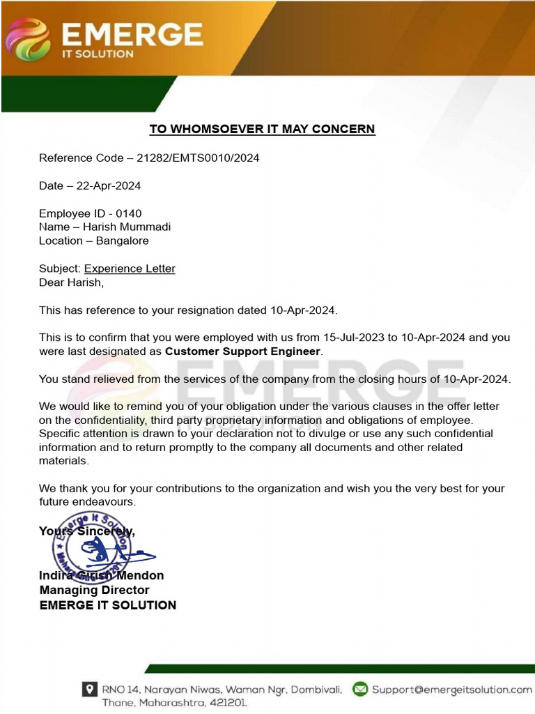 Mummadi Harish Emerge IT Relieving Letter | PDF