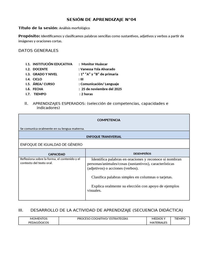 Análisis Morfológico en Primaria | PDF | Aprendizaje | Adjetivo