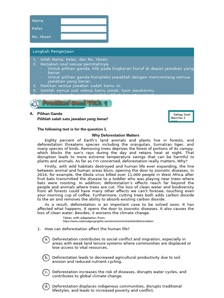 TKA Bahasa Inggris TL 12 Prediksi Soal TKA 1 | PDF | Climate Change ...