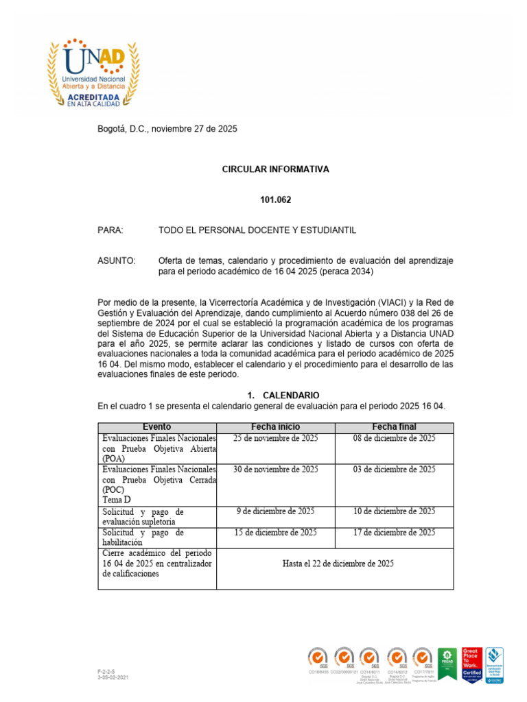 CIRCULAR VIACI No. 101.062 - 2025 -Oferta evaluaciones 2034 16 04 2025 (1) | PDF | Teneduría de ...