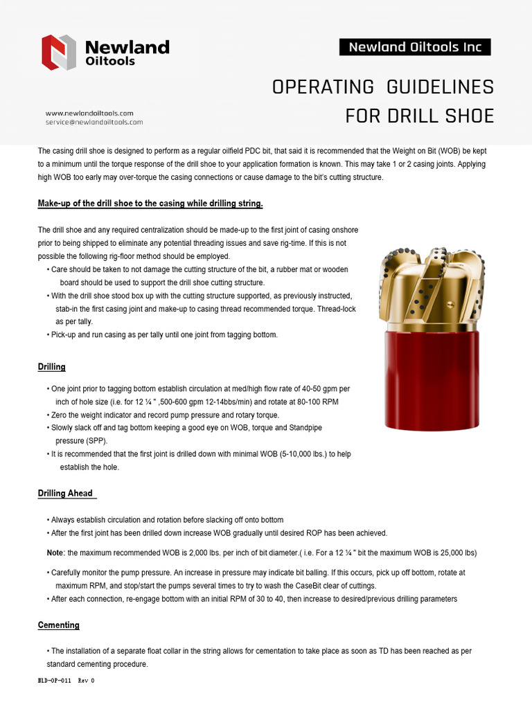 NLD OP 011 Rev 0(Operating Guidelines for Drilling Shoe) | PDF | Drill ...