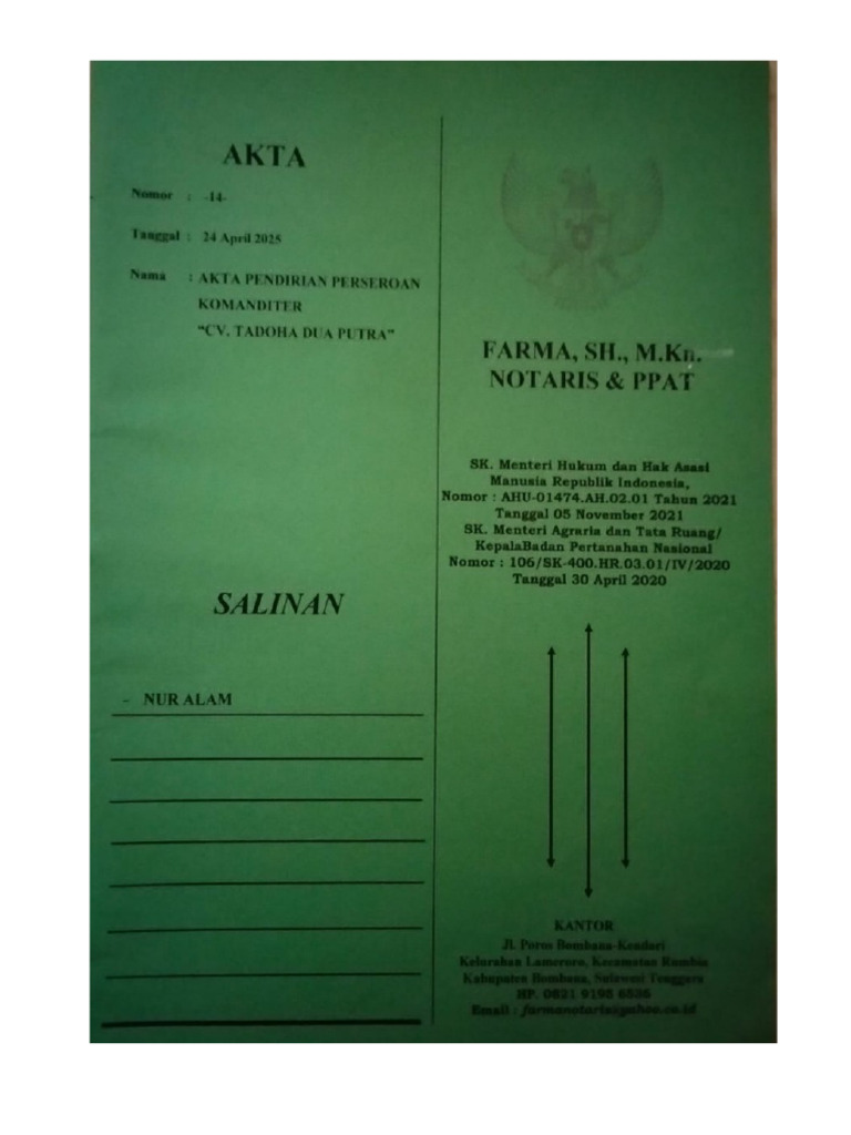 Akta Notaris CV Tadoha Dua Putra | PDF