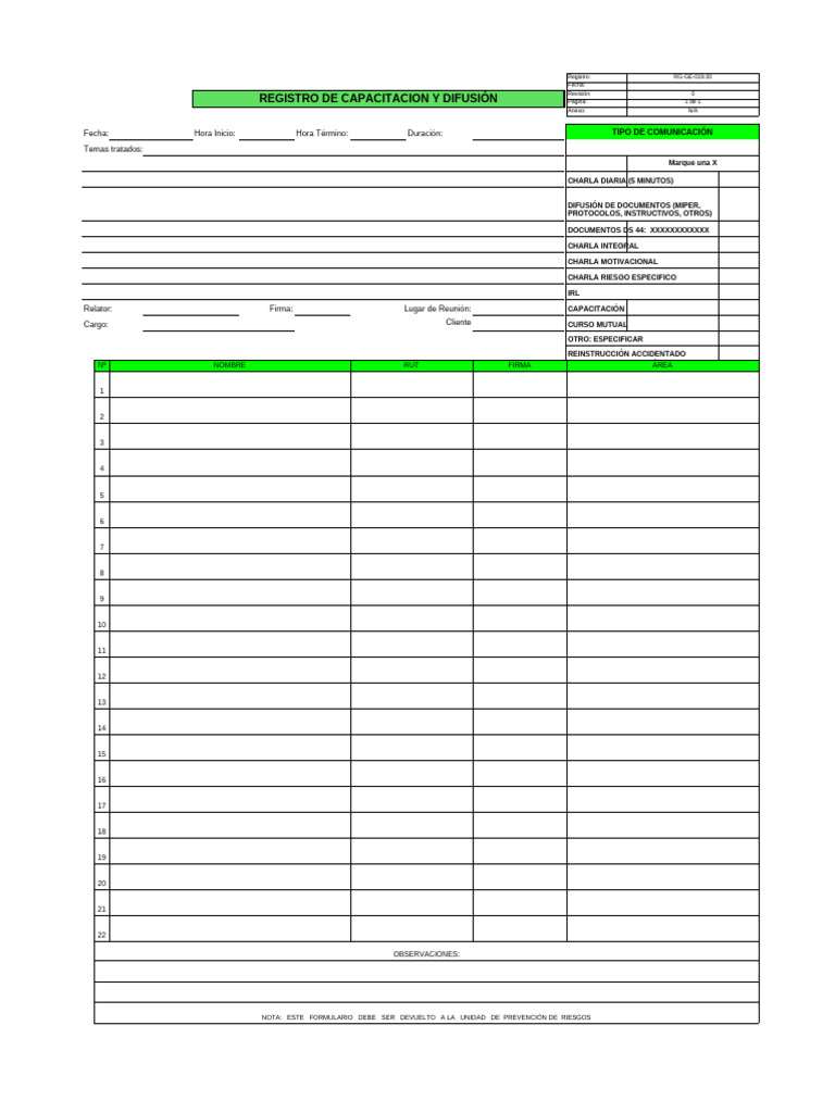 Registro Lista de Asistencia a Capacitacion y Difusion v3 DS 44 | PDF