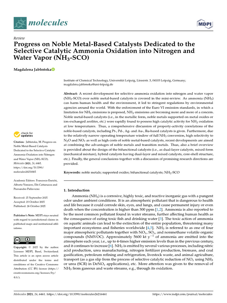 Noble Metal Catalysts for NH3 Oxidation | PDF | Ammonia | Applied And ...