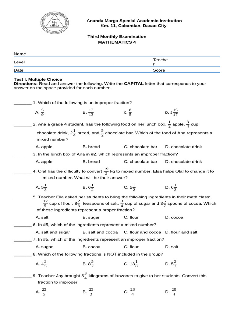 Grade 4 Mathematics Exam on Fractions | PDF | Discrete Mathematics ...