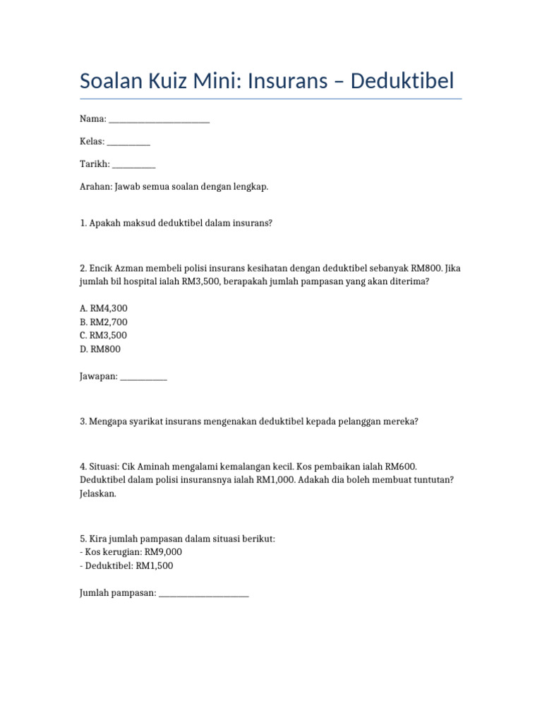 Kuiz Mini Insurans Deduktibel | PDF