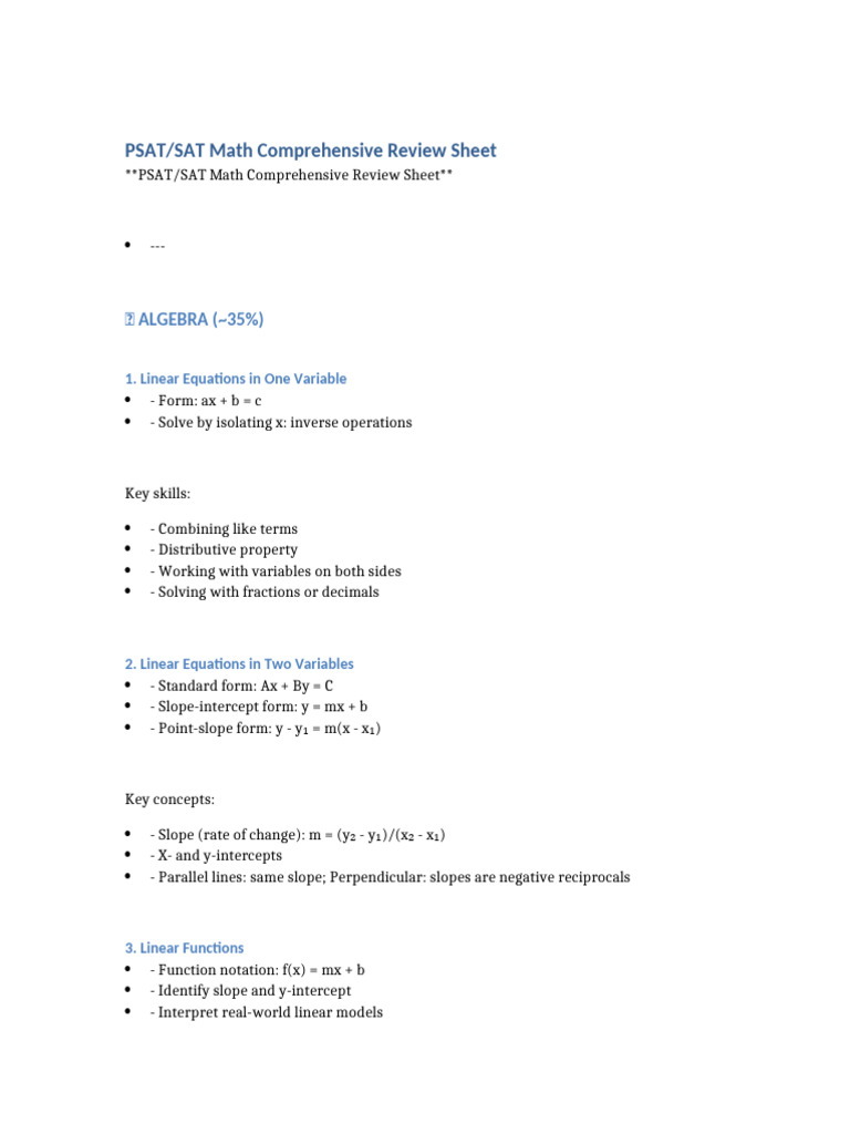 PSAT SAT Math Review Sheet (1) | PDF | Equations | Quadratic Equation