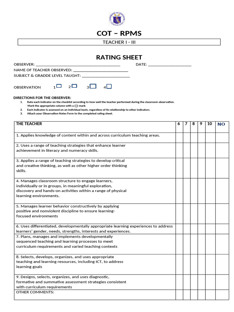 Rating Sheet 1 | PDF | Teachers | Learning