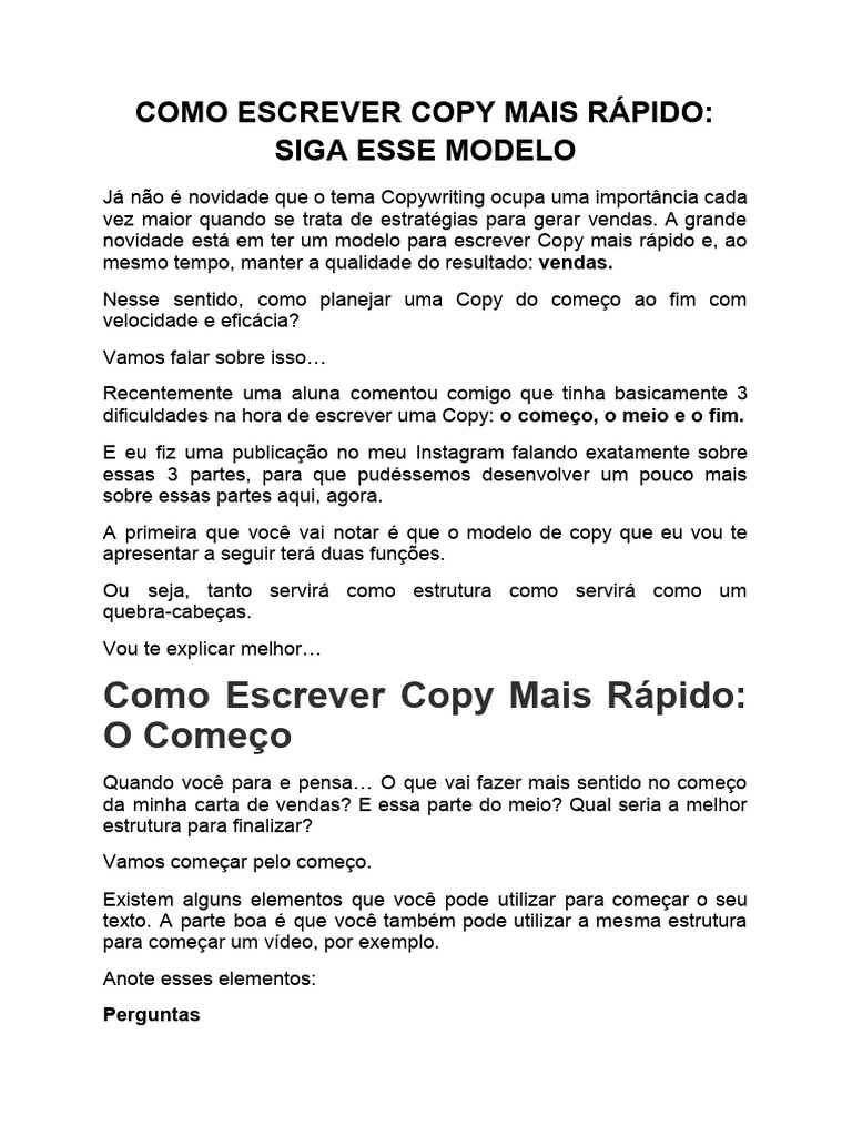 Como Escrever Copy Mais Rápido Siga Esse Modelo | PDF | Tempo | Mercado (economia)
