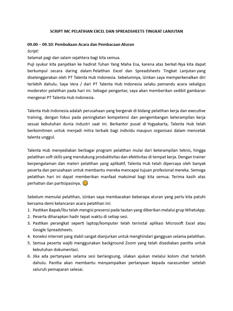 Script MC Pelatihan Microsoft Excel & Spreadsheets Tingkat Lanjutan | PDF