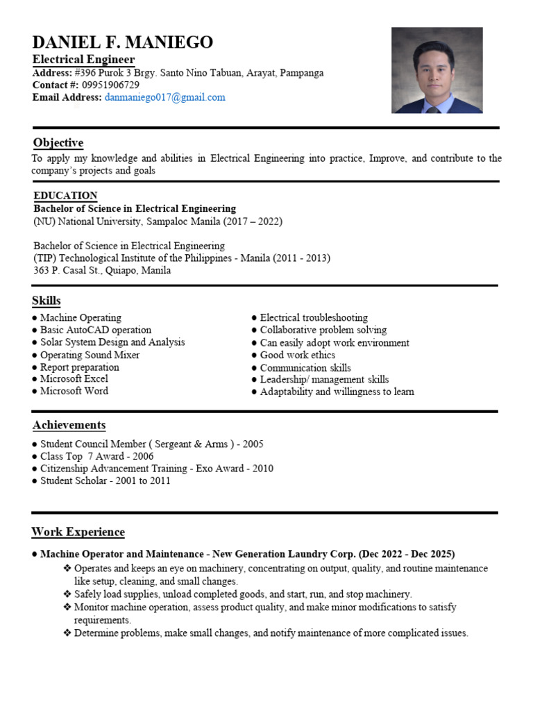 Electrical Engineer Resume of Daniel Maniego | PDF | Engineering