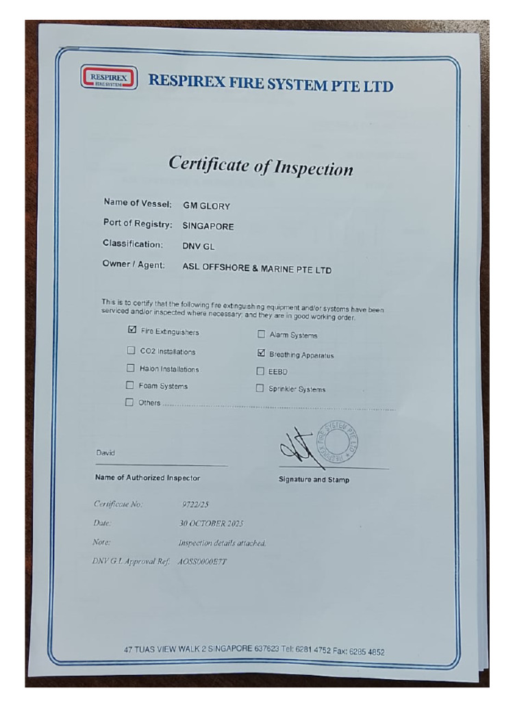 GM Glory - Lsa & Ffe Certificate - Exp 30.10.2026 | PDF