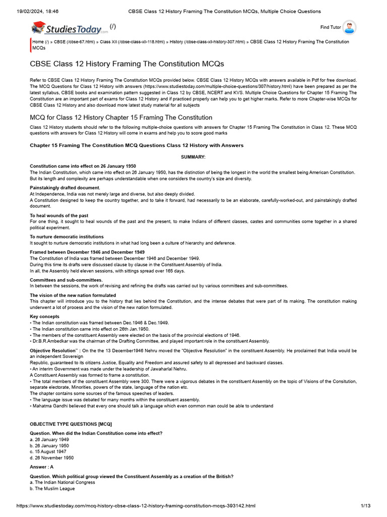 CBSE Class 12 History MCQs: Constitution | PDF | Jawaharlal Nehru ...