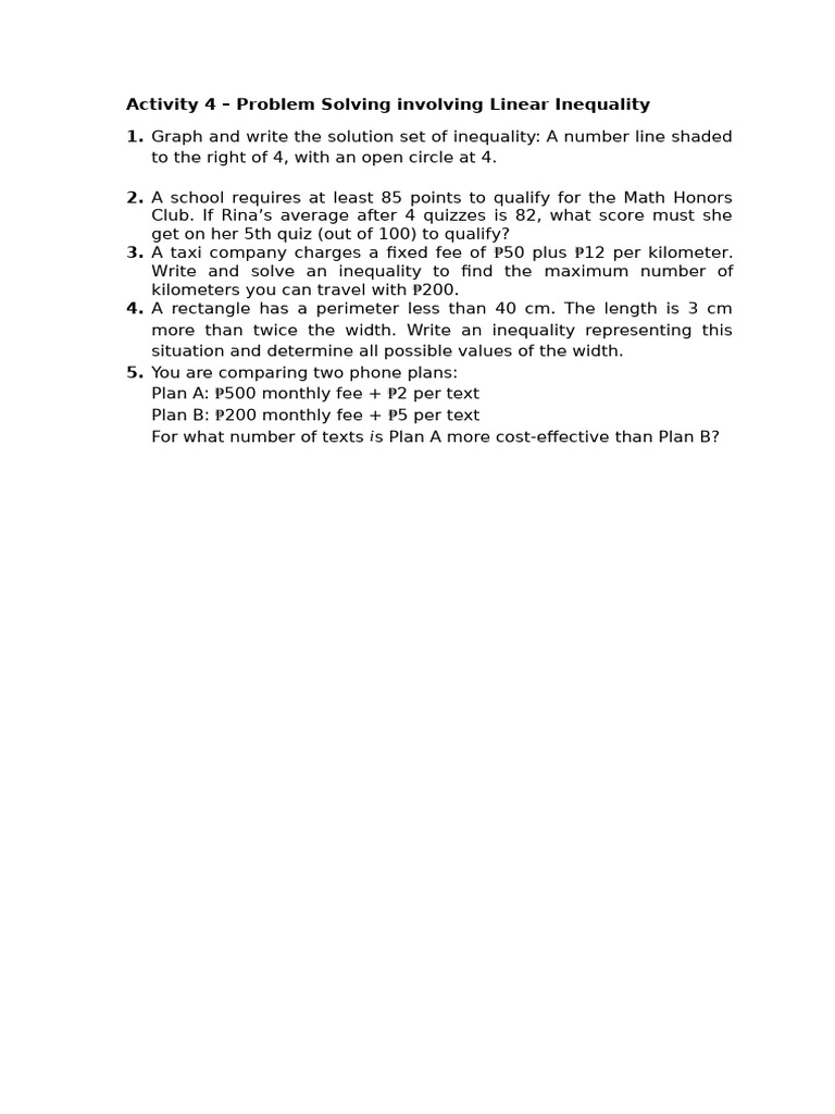 Activity 4 Problem Solving Linear Inequality | PDF